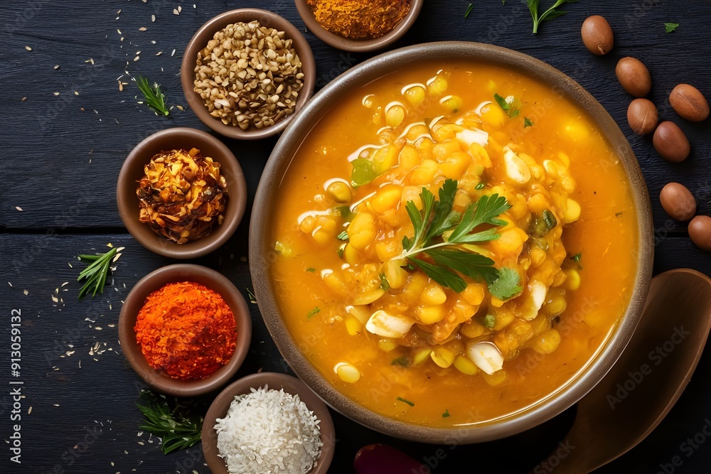 Food. lentils used in traditional Indian soups. Spiced Indian dhal dish ...