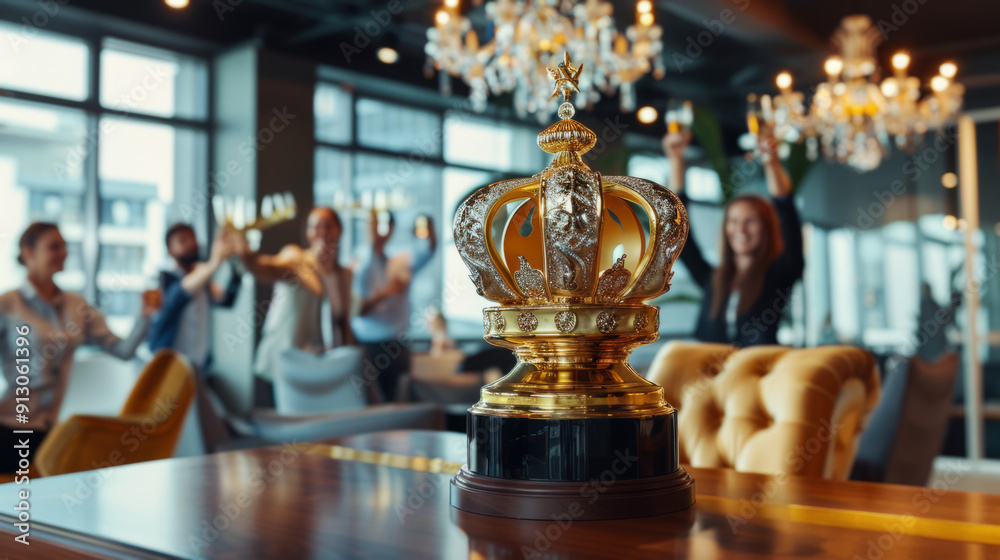 Golden crown trophy on table. A large golden crown trophy sits on a ...
