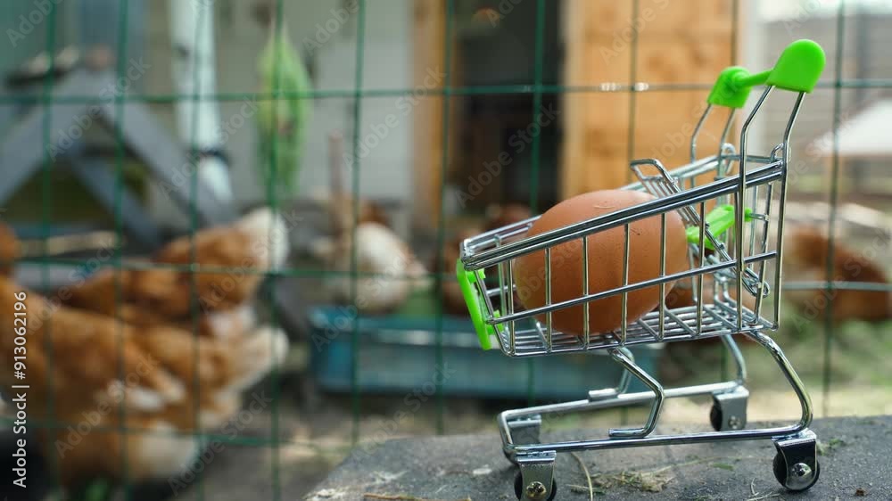 A hand puts a chicken egg in a small shopping cart close-up against a ...