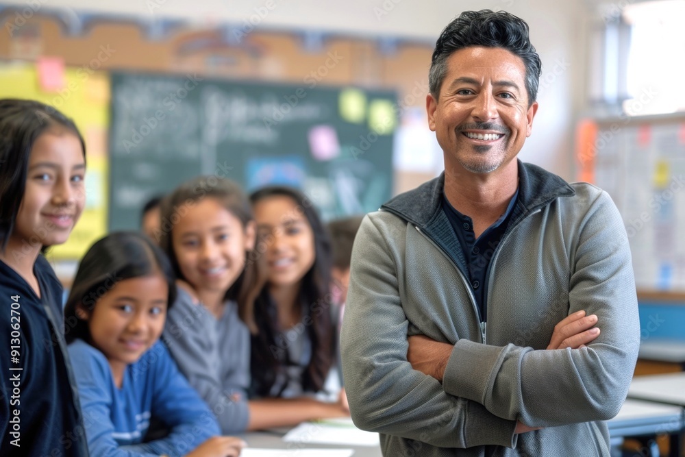 Smiling Latino male teacher surrounded by his happy and diverse students in a classroom ...