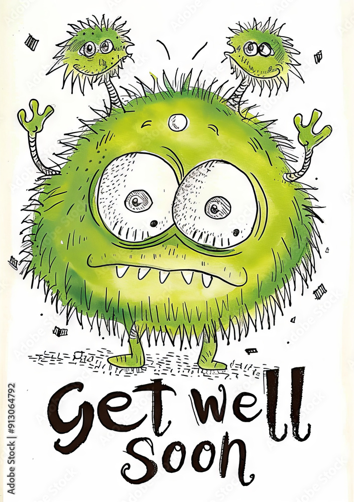 Funny get well soon monster illustration. Cheerful cartoon monster with ...