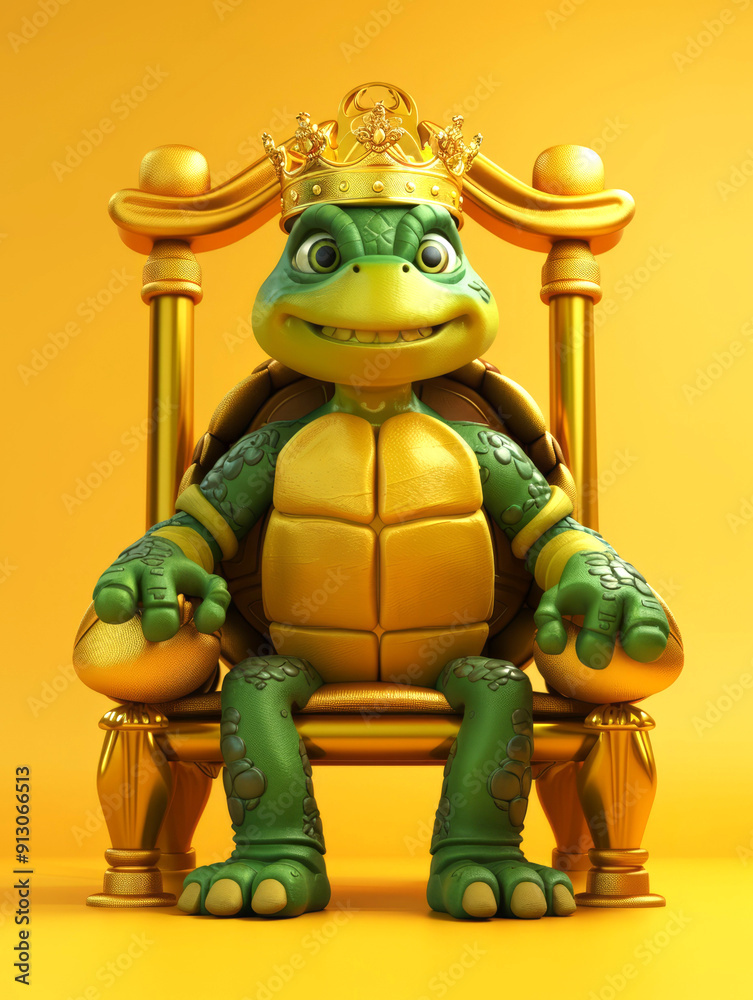 Smiling turtle king on golden throne. A happy turtle wearing a golden ...