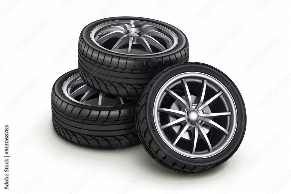 Stack of three black car tires with alloy rims on white background ...