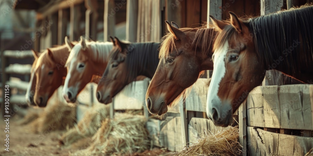 Multiple horses standing at a feeding trough with straw Stock Photo ...
