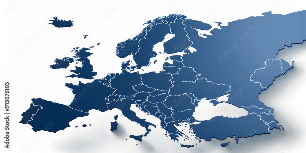 A blue map of Europe with the countries of the European Union outlined ...