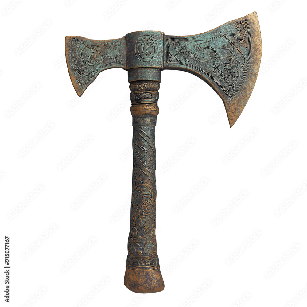 Ornate ancient axe with intricate engravings, aged patina, isolated ...