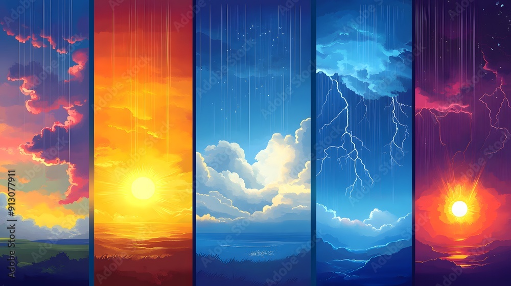 Different weather background banners, sky with sun and clouds ...