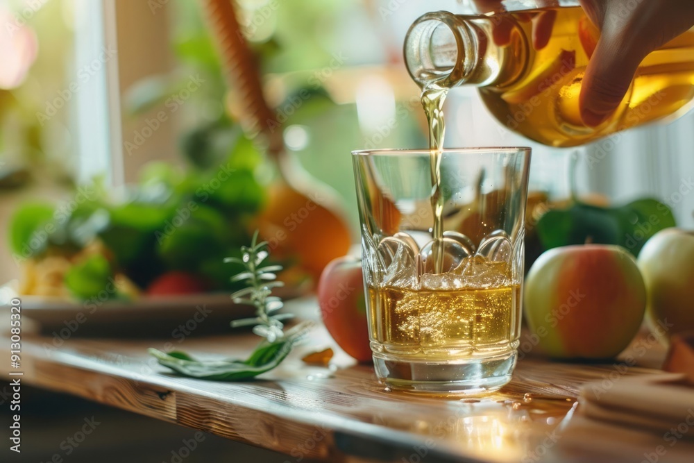 Hand pouring apple cider vinegar into a glass of water, integration of ...