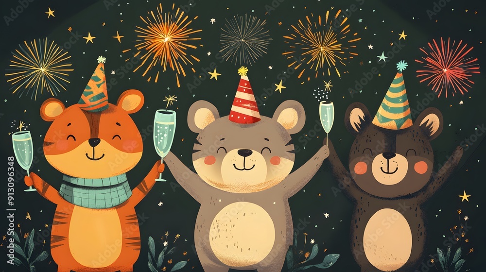 Cartoon animals celebrating New Year's Eve with fireworks champagne and ...