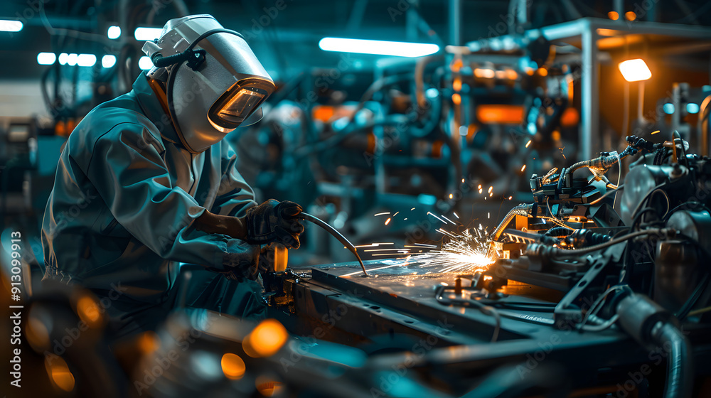 Astronaut repairs spacecraft hull and uses a futuristic welding tool ...