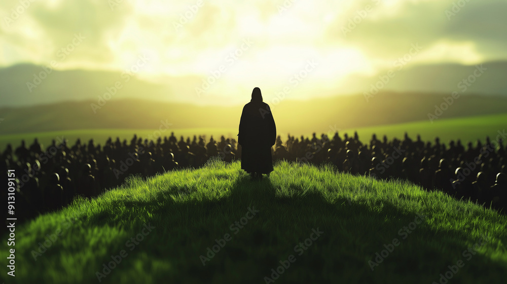 Jesus standing on a lush green hill, surrounded by a crowd of followers ...