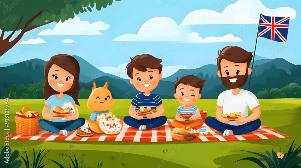 Cartoon family enjoying a Boxing Day cricket match with picnic blankets ...