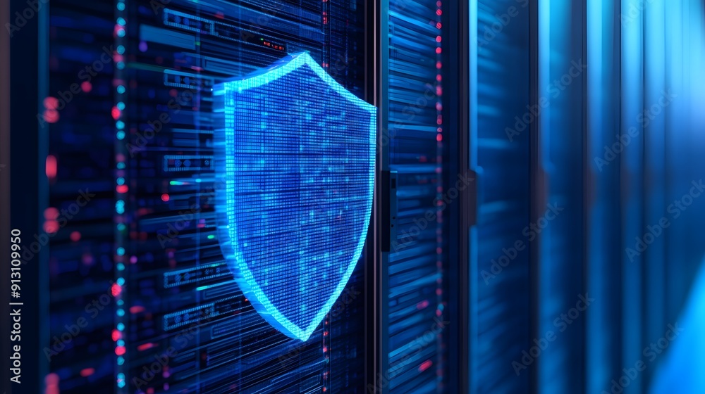 Digital shield icon on server room background representing ...