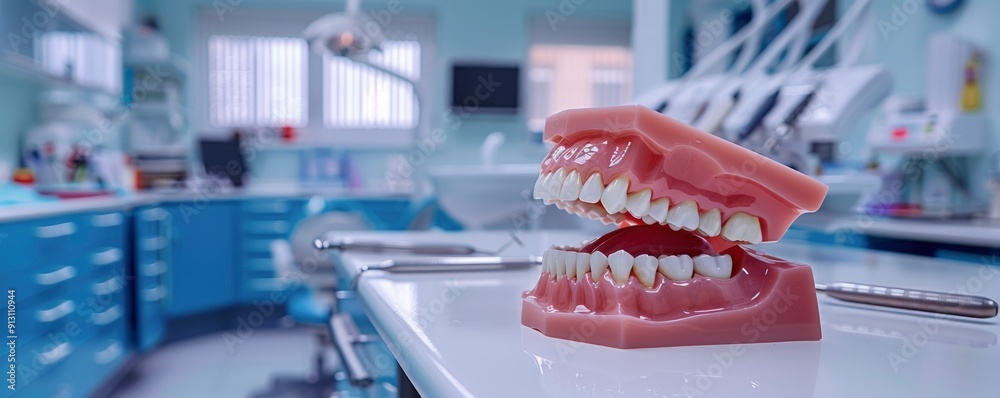 Dental office interior with focus on anatomical teeth model. Modern ...