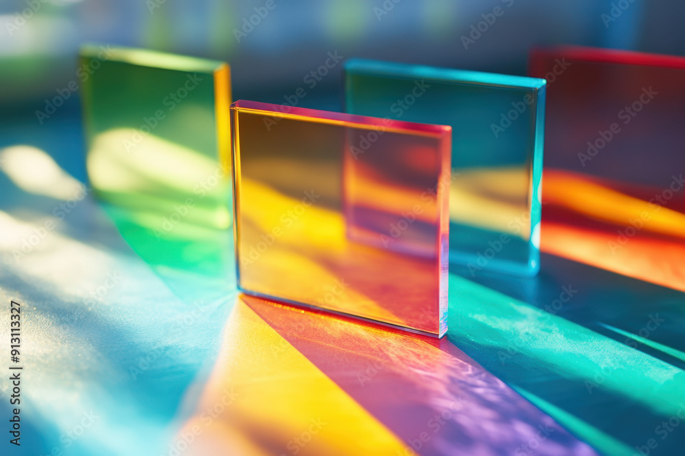 Colorful transparent acrylic sheets standing on a reflective surface ...