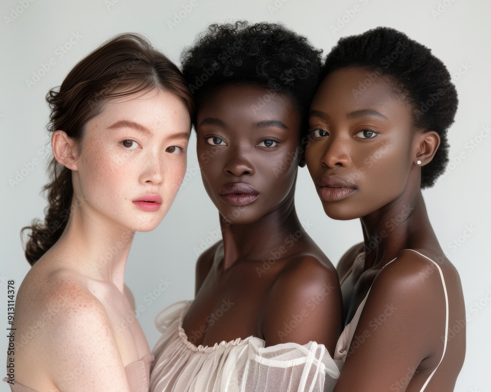 Three women with different skin tones are posing for a photo. The women ...
