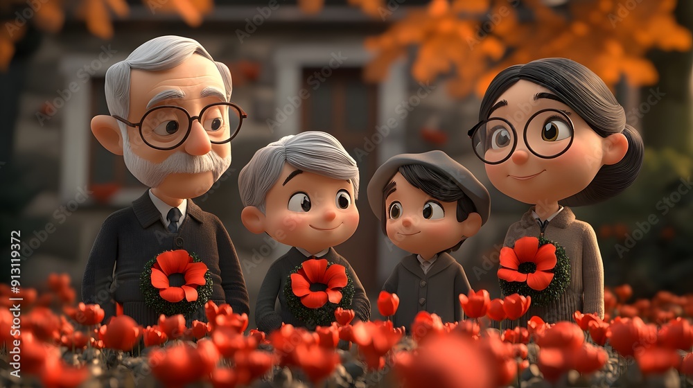 Cartoon family celebrating Armistice Day with poppies wreaths and a ...