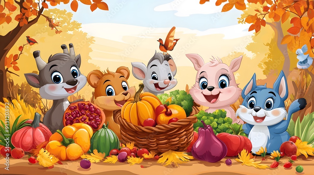 Cartoon animals participating in a Harvest Festival with cornucopia ...