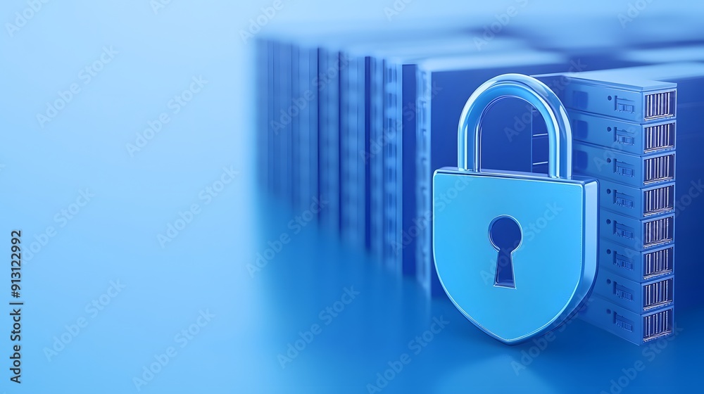 Secure server data center with lock symbol, representing data ...
