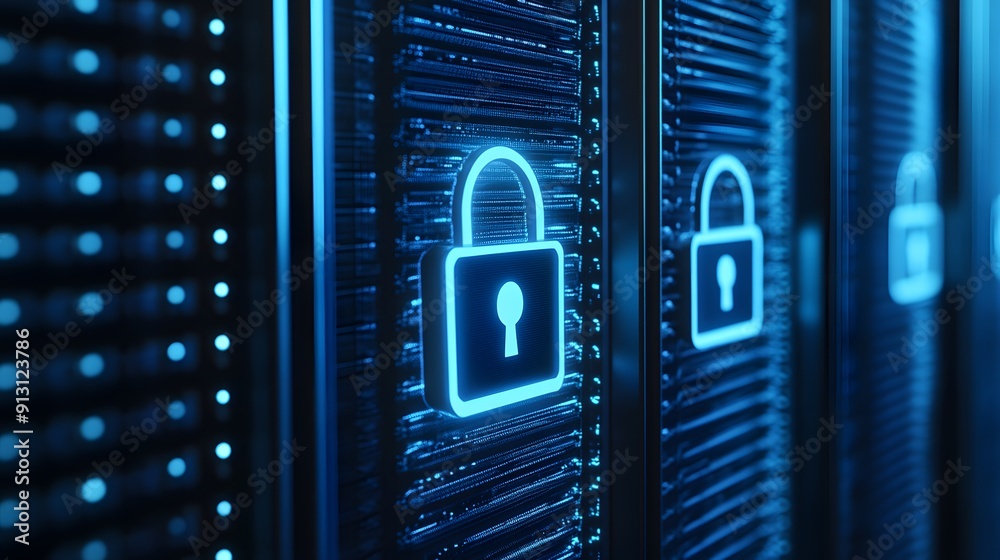 Secure Server Room With Illuminated Locks On Server Racks Representing Cybersecurity And Data