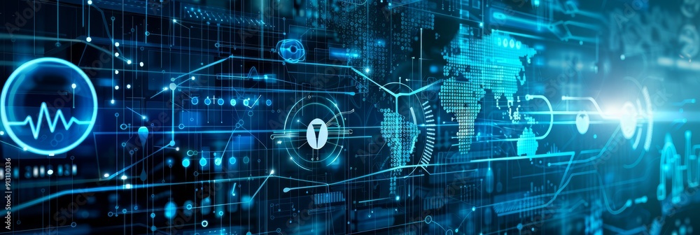 A digital landscape with a world map, security symbols, and data ...