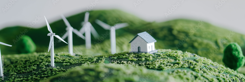 Miniature model village showcasing blue houses, lush greenery, and modern wind turbines stands ...