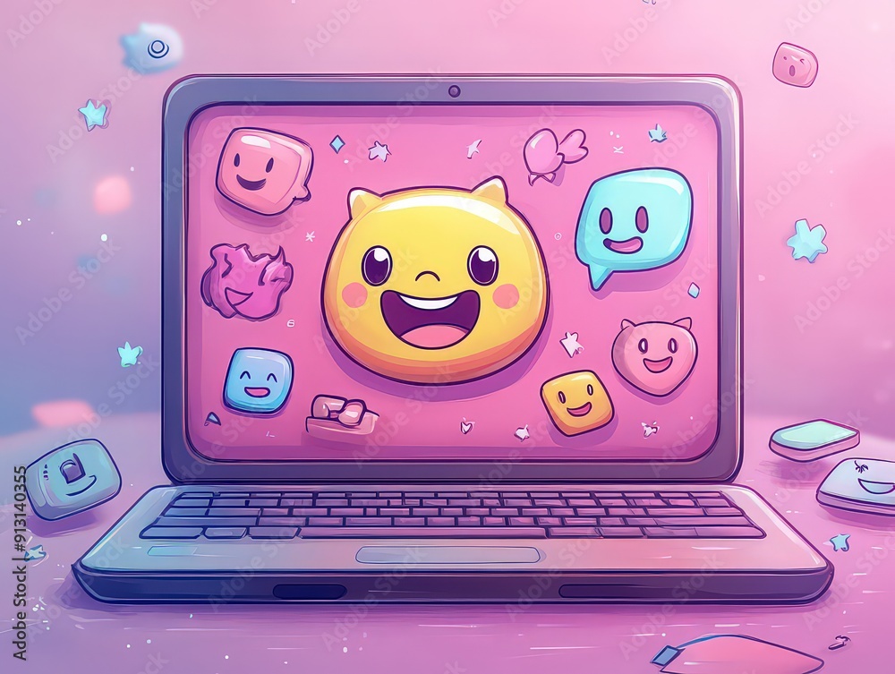 Emote stickers placed on the cover of a laptop or around a workspace ...