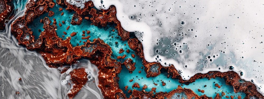 A tight shot of water and sand, revealing a blue-white layer at the ...