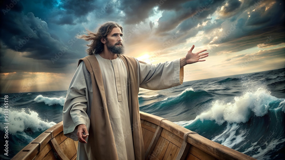 Jesus Christ at the stern of the boat with his hand extended forward ...