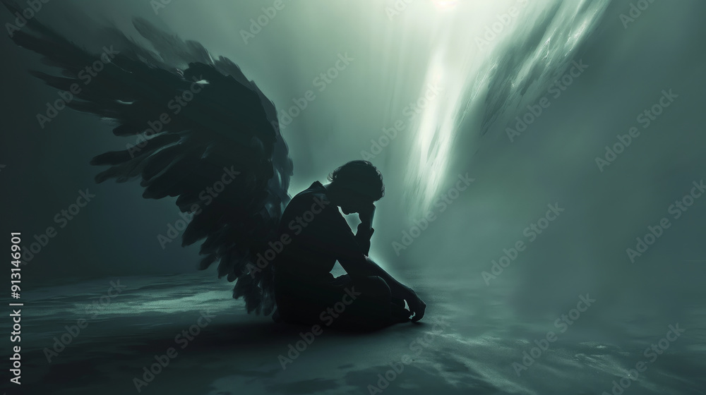 A man sits on the ground holding their head in despair and sadness. A ...