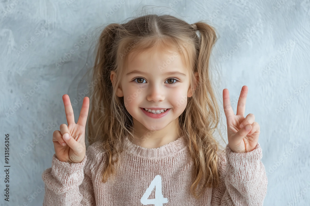 little girl showing two fingers up, 4 years old, peace sign, turning ...