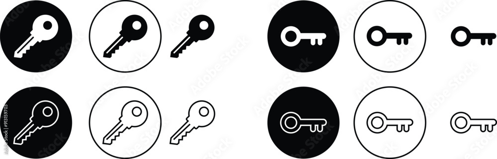 Key icon set. Key black flat and line vector collection isolated on ...