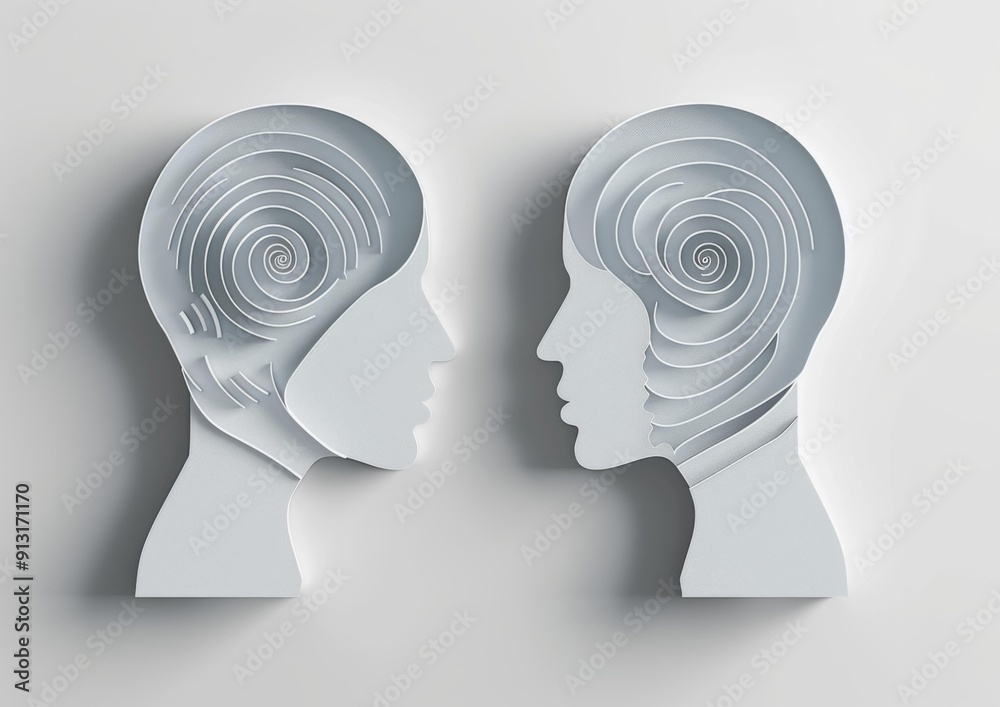 Two white paper cutouts of two heads with spiral designs. AI. Stock ...