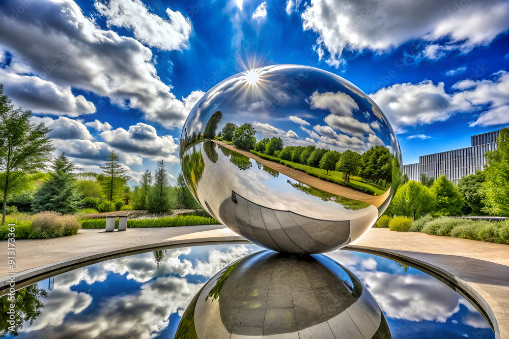 A large, shiny, reflective sphere sits in a pool of water. The ...