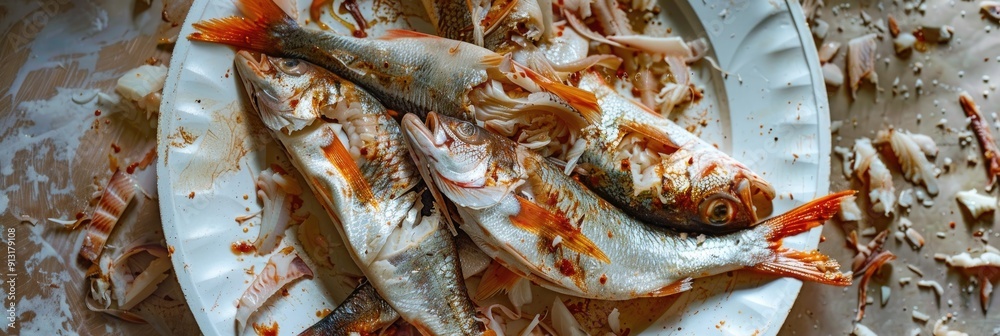 Scrap food Fish bones and leftovers on a plastic plate Bones and fish ...