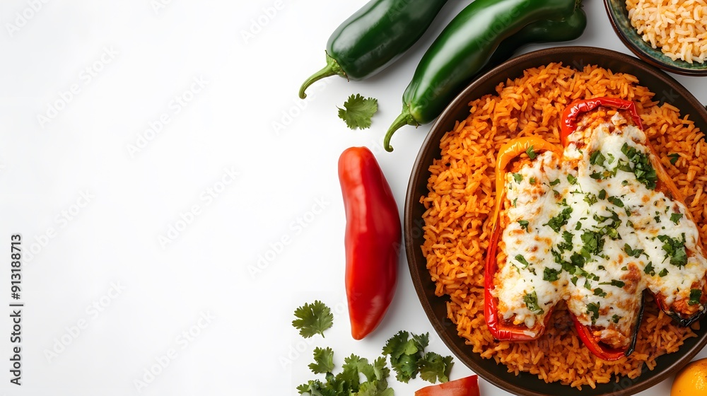 A realistic top view of a traditional Mexican chiles rellenos with ...