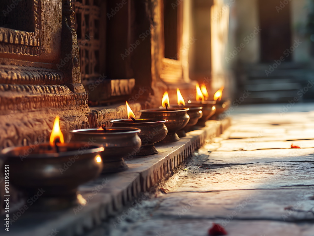 Row of dia oil lamps traditionally placed on the doorstep of an Indian ...