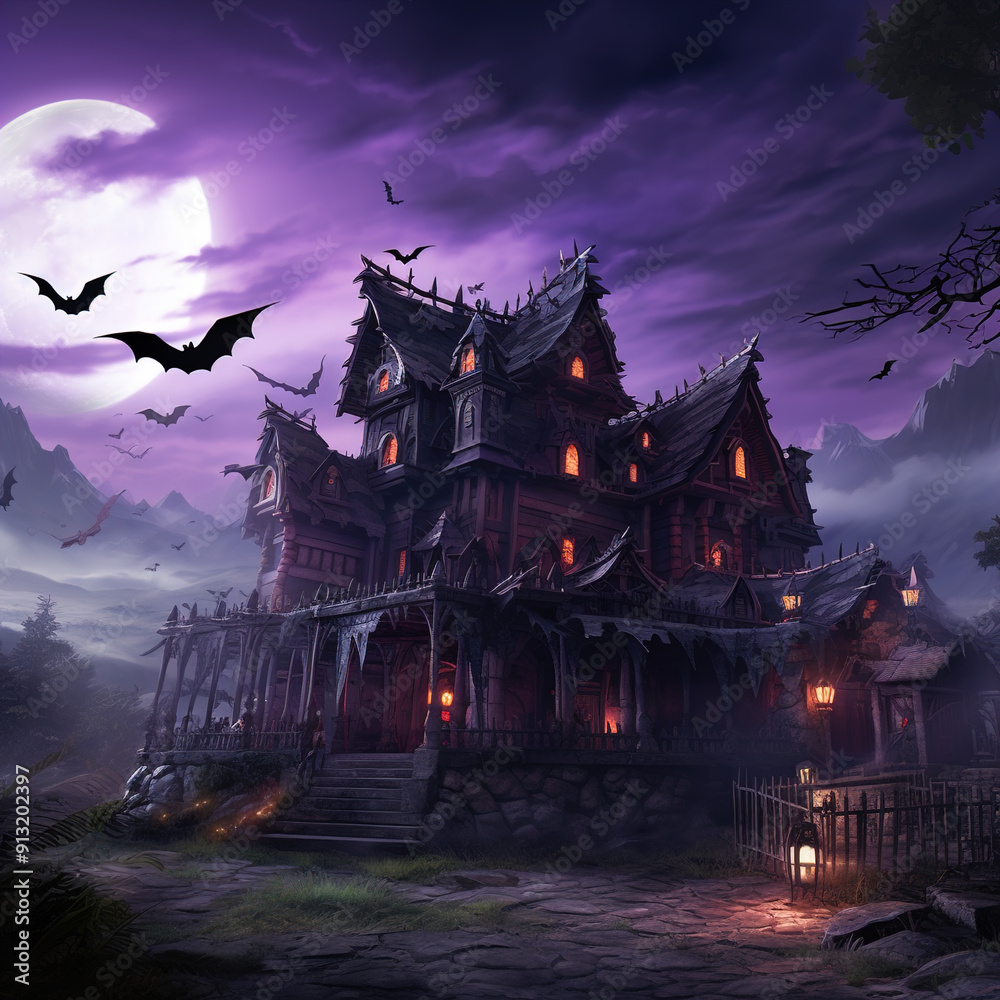 An eerie, gothic-style haunted house is depicted under a violet sky ...