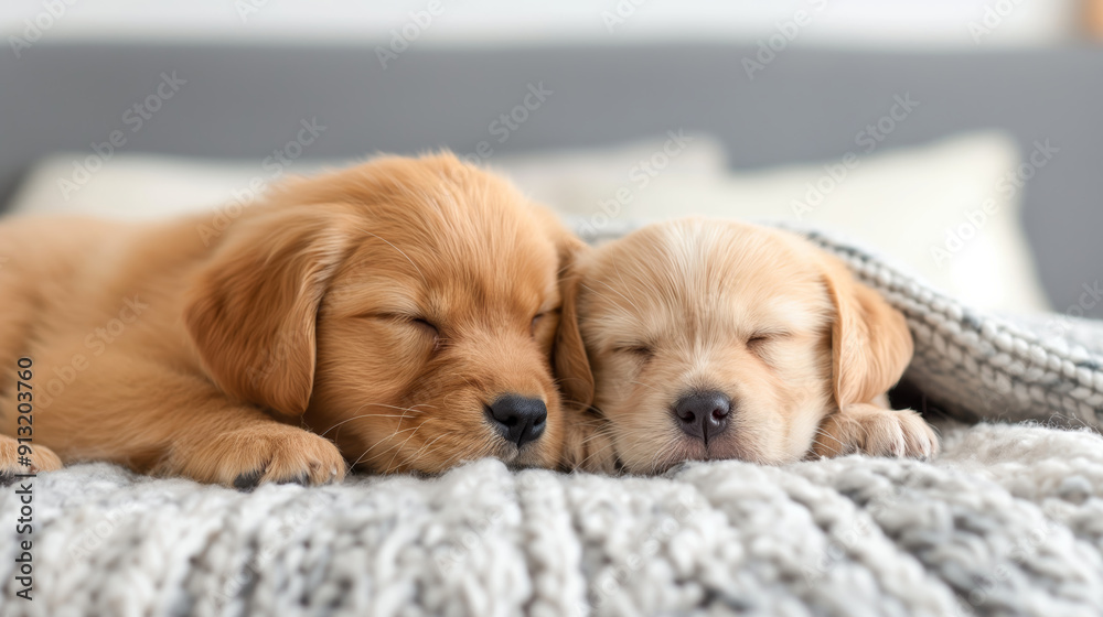Two adorable puppies sleeping together under a cozy blanket. Peaceful indoor scene of puppies ...