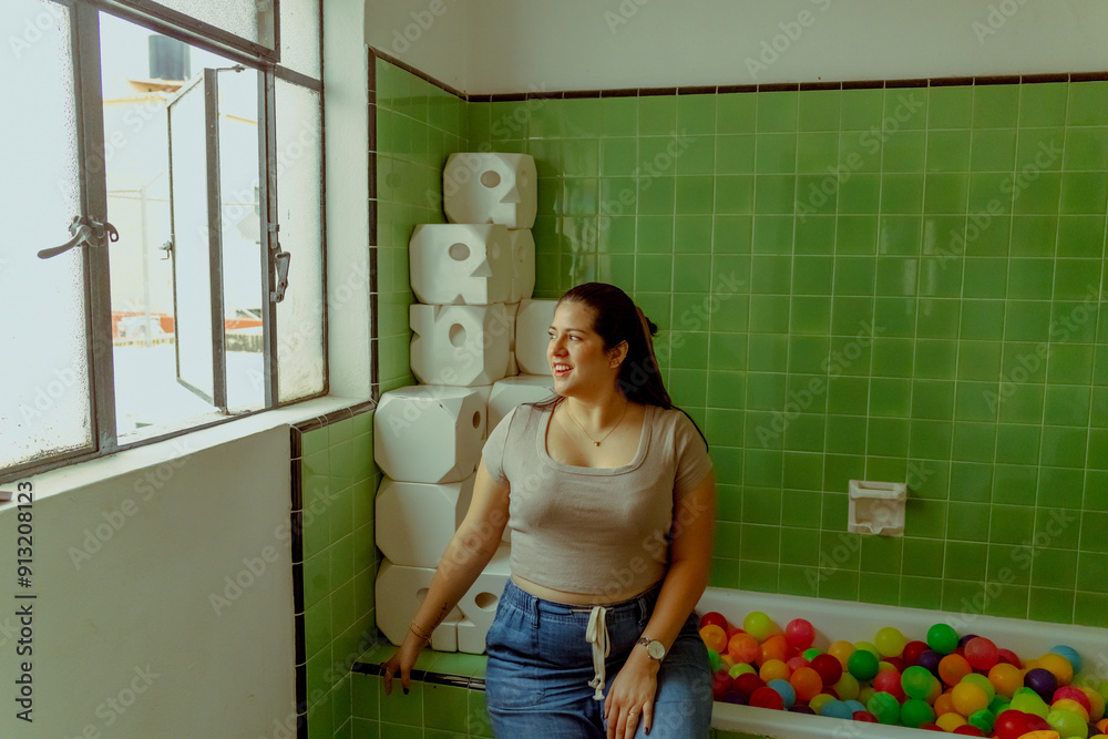 Mujer latina sentada en una tina de baño con pelotas de colores Stock ...