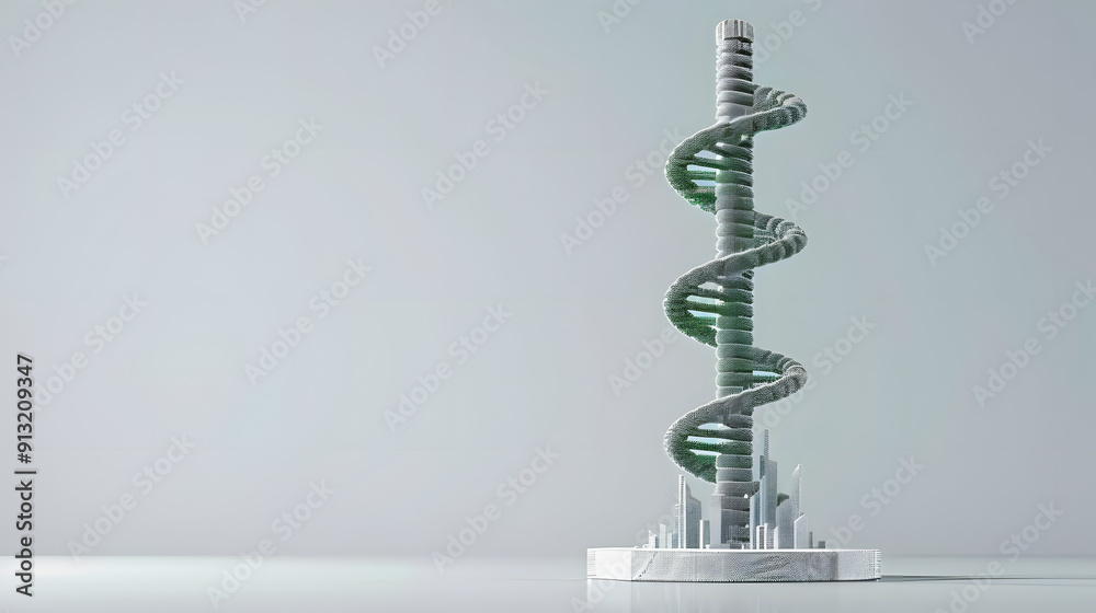 DNA structure as a skyscraper. Gray and green color palette. Urban ...