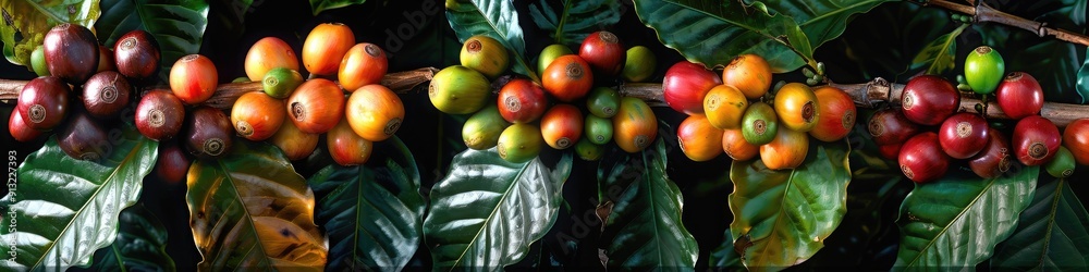 Coffee beans at different stages of ripening on branches of coffee tree ...