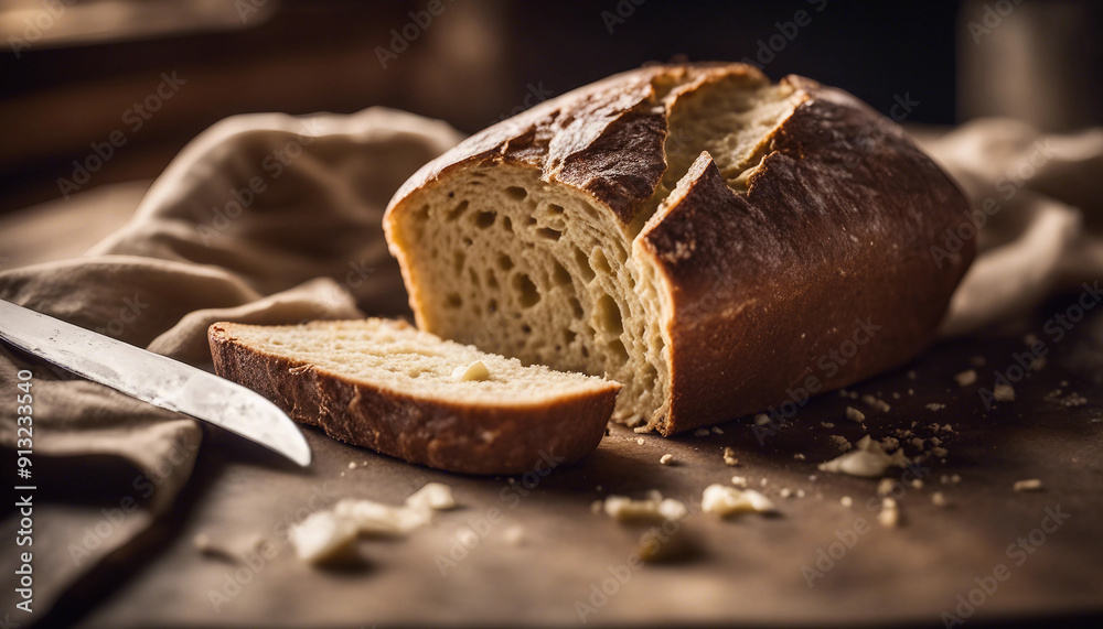 A beautifully baked round bread loaf displayed on a rustic surface ...