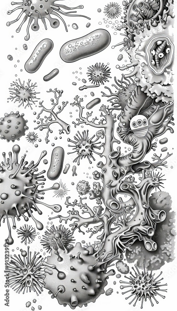 Intricate grayscale illustration of microscopic viruses and bacteria ...