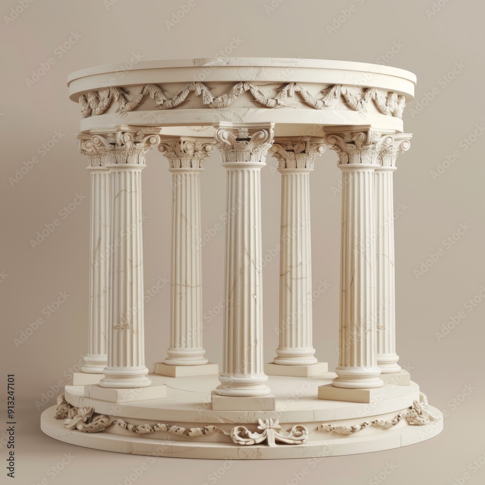 Circular structure with six white pillars and ornate details, isolated ...