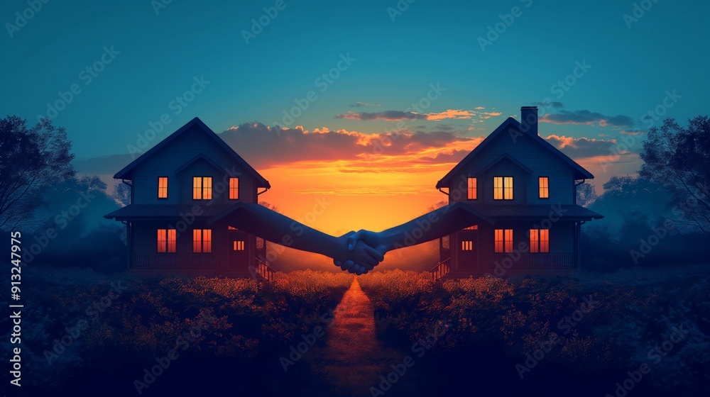 Two houses connected by a handshake, symbolizing agreement, harmony ...