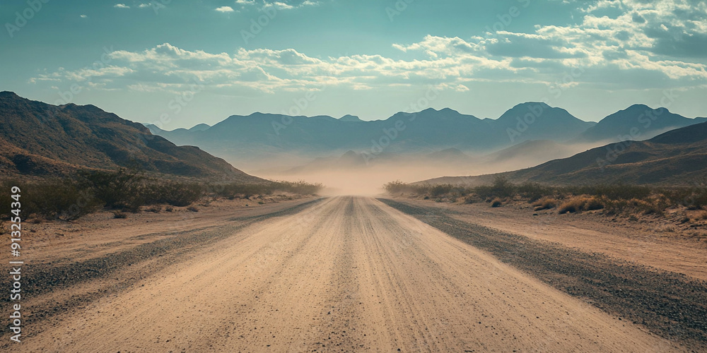 A long desert road with mountains in the background, dusty and sandy ...