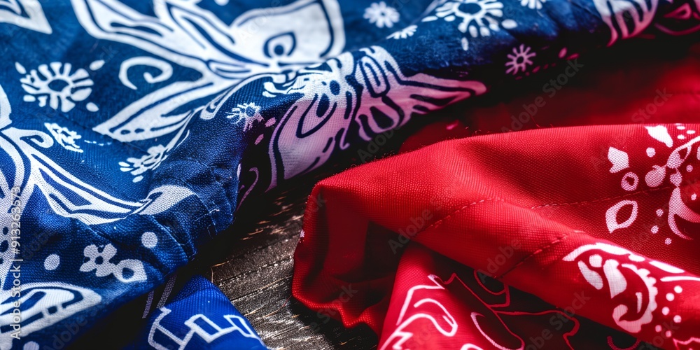 A red, white, and blue bandana is folded and placed on a table. The ...