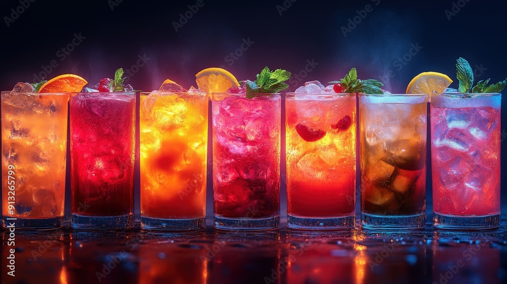 Row of colorful cocktails with ice cubes and fruit garnishes on a black ...