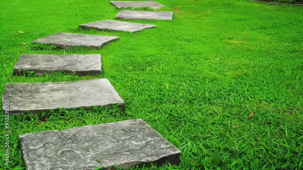 Stone pathway on a vibrant green lawn, creating a simple and serene ...